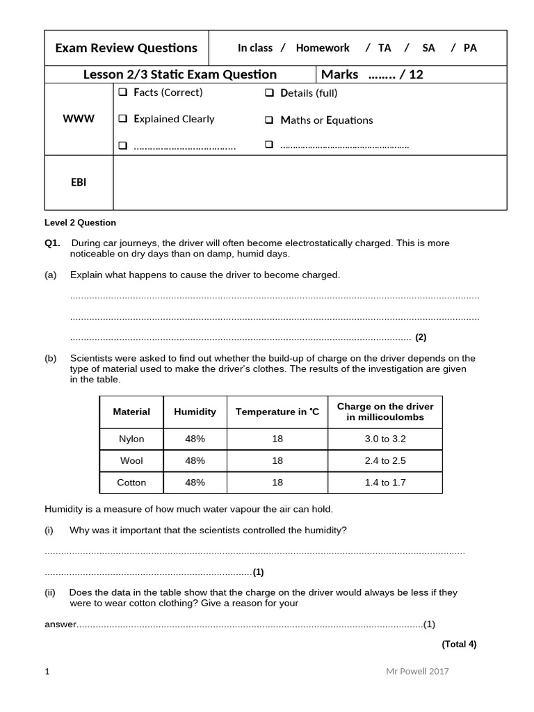 Static Electricity Exam Review Questions | PDF | Electromagnetism ...