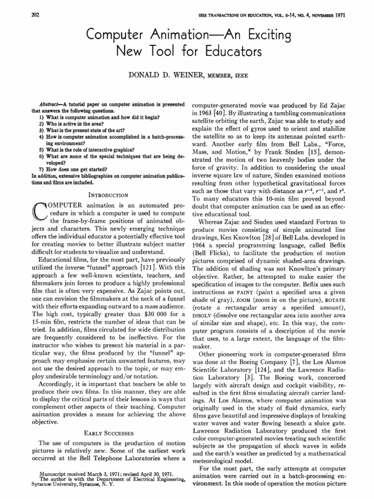 Computer Animation-An Exciting New Tool For Educators | PDF | Computer Graphics | Computer Animation