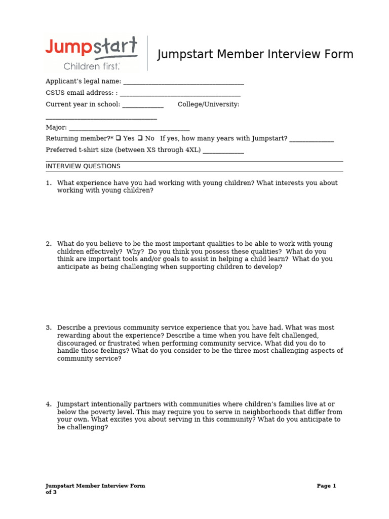 Jumpstart Member Interview Form FY25 | PDF | Social Psychology