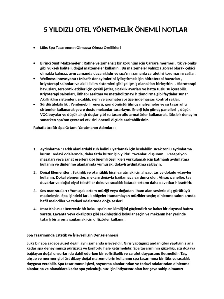 5 YILDIZLI OTEL YÖNETMELİK ÖNEMLİ NOTLAR | PDF