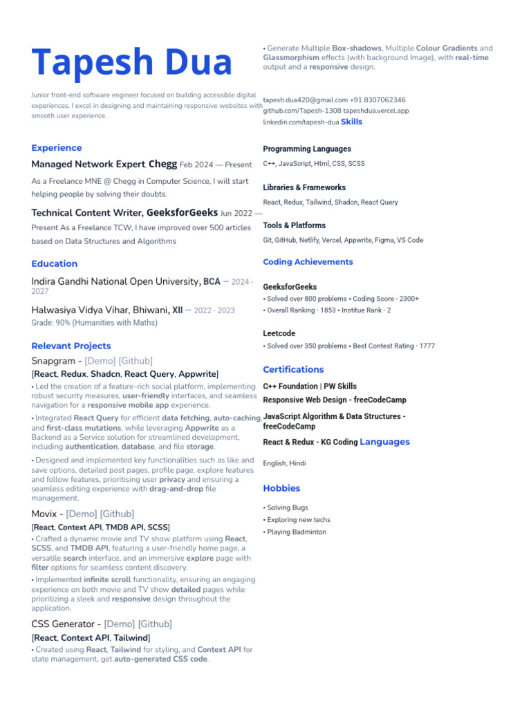 tapesh dua resume template | PDF | Web Design | World Wide Web