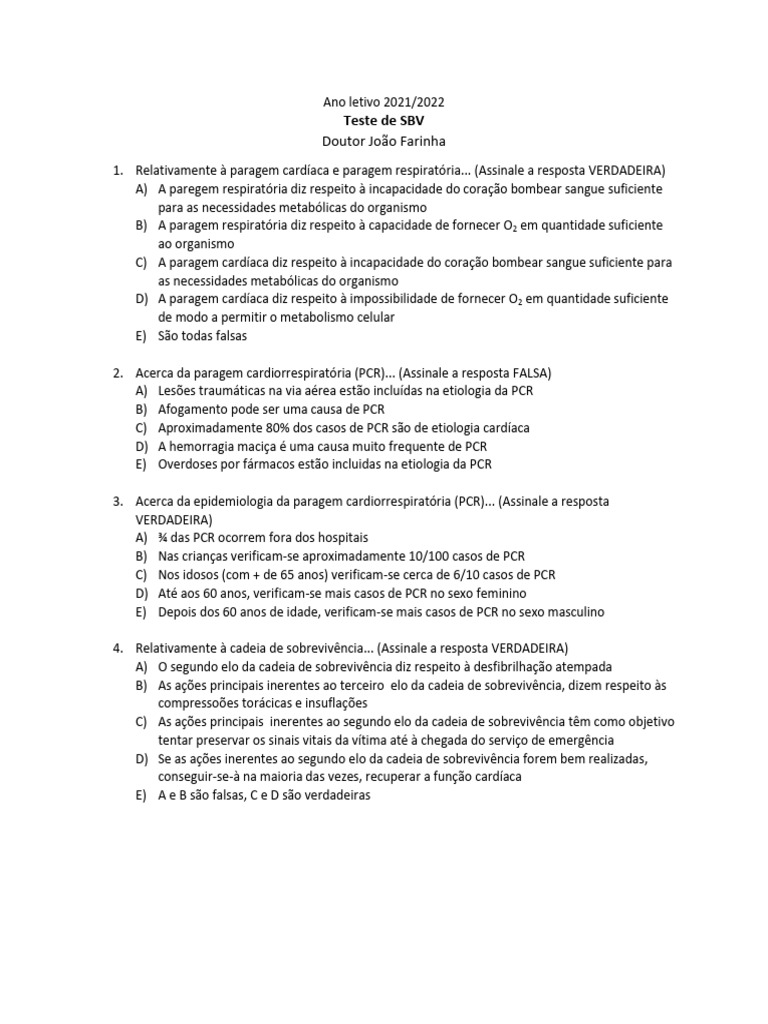 Teste de SBV (2) | PDF | Reanimação cardiopulmonar | Coração