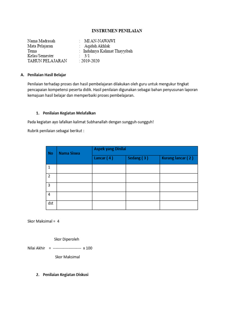 Instrument Penilaian Kls 3 Semester 1 TH 2019-2020 | PDF