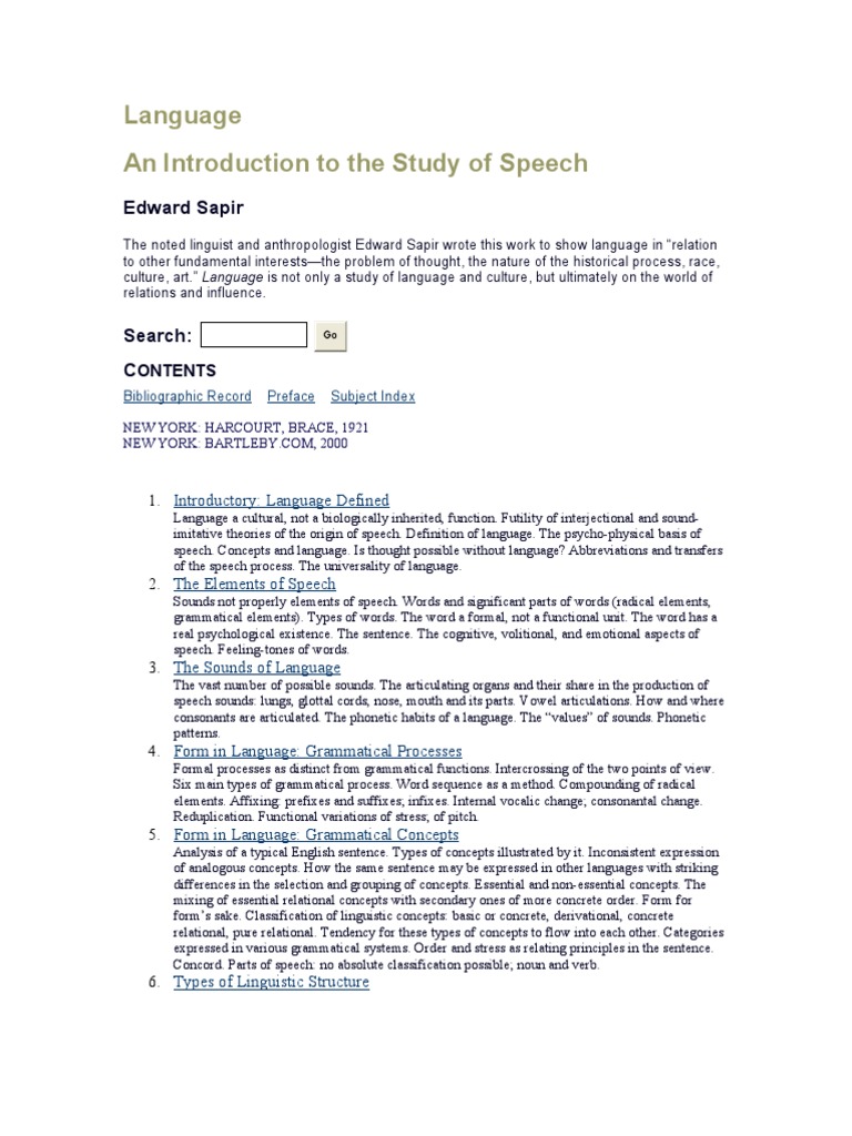 Language An Introduction To The Study of Speech: Edward Sapir | PDF ...