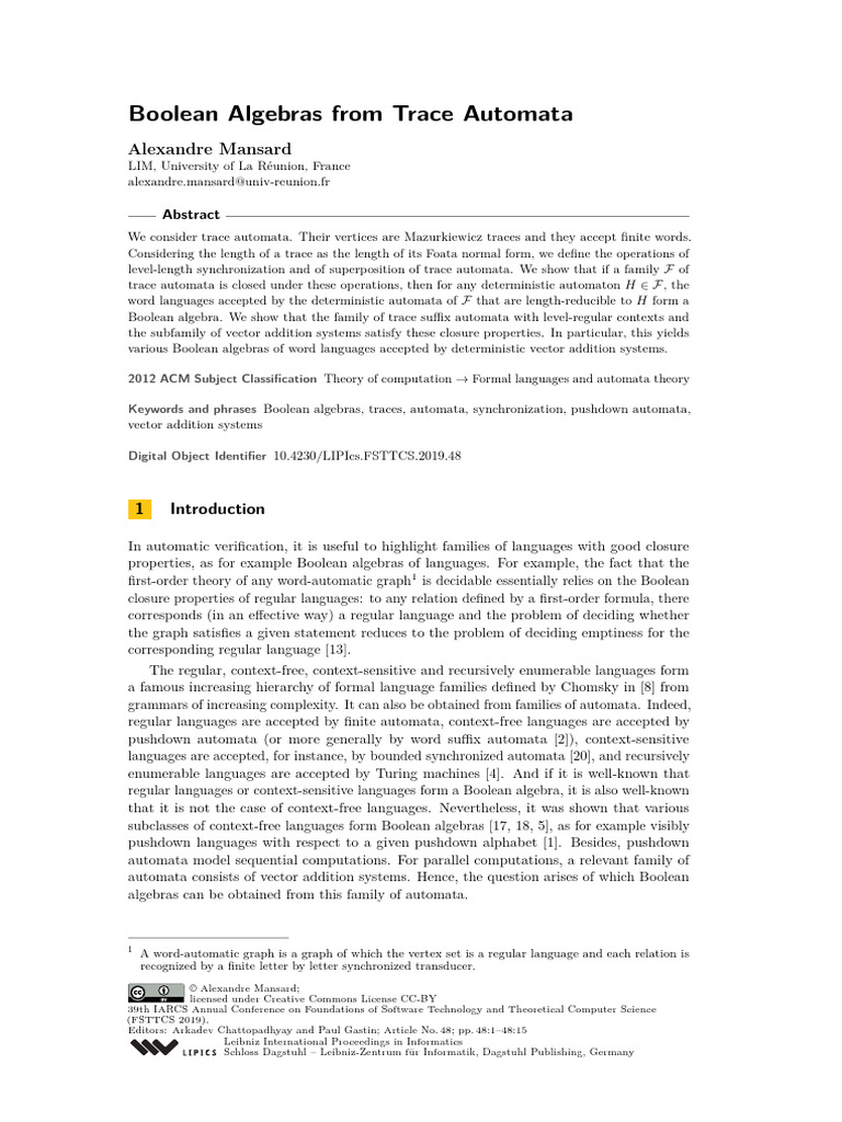 Boolean Algebras From Trace Automata 15 Pages | PDF | Automata Theory | Set (Mathematics)