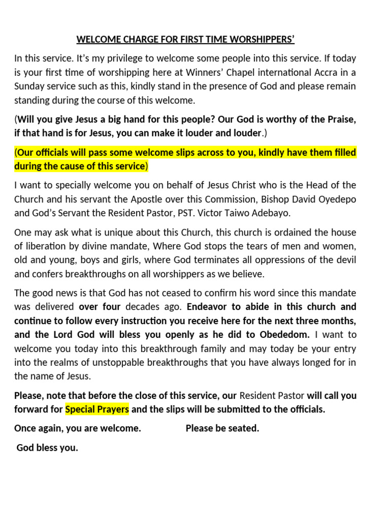 Welcome Charge For First Time Worshippers (Slip) | PDF