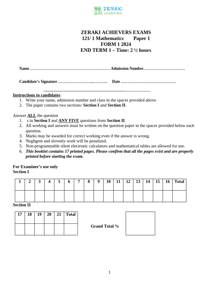 Form 1 Math Exam Paper | PDF | Mathematics | Elementary Mathematics