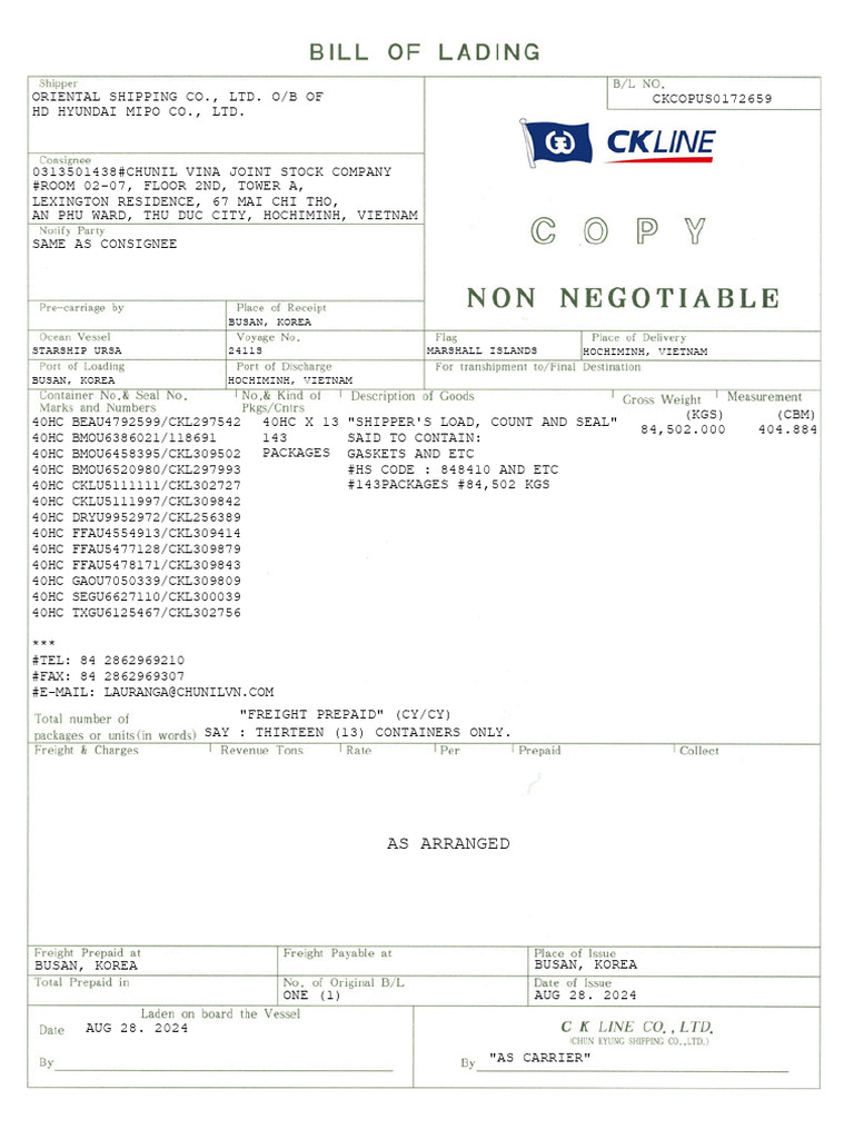 Master Bill of Lading - CKCOPUS0172659 | PDF
