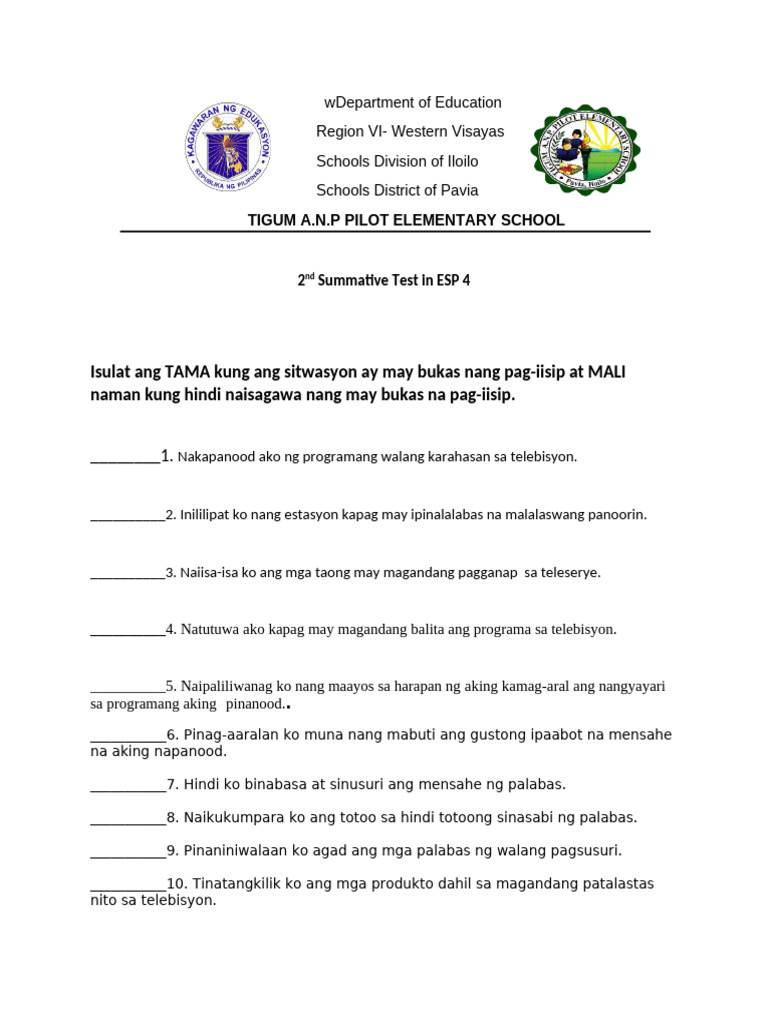 2nd summative ESP | PDF