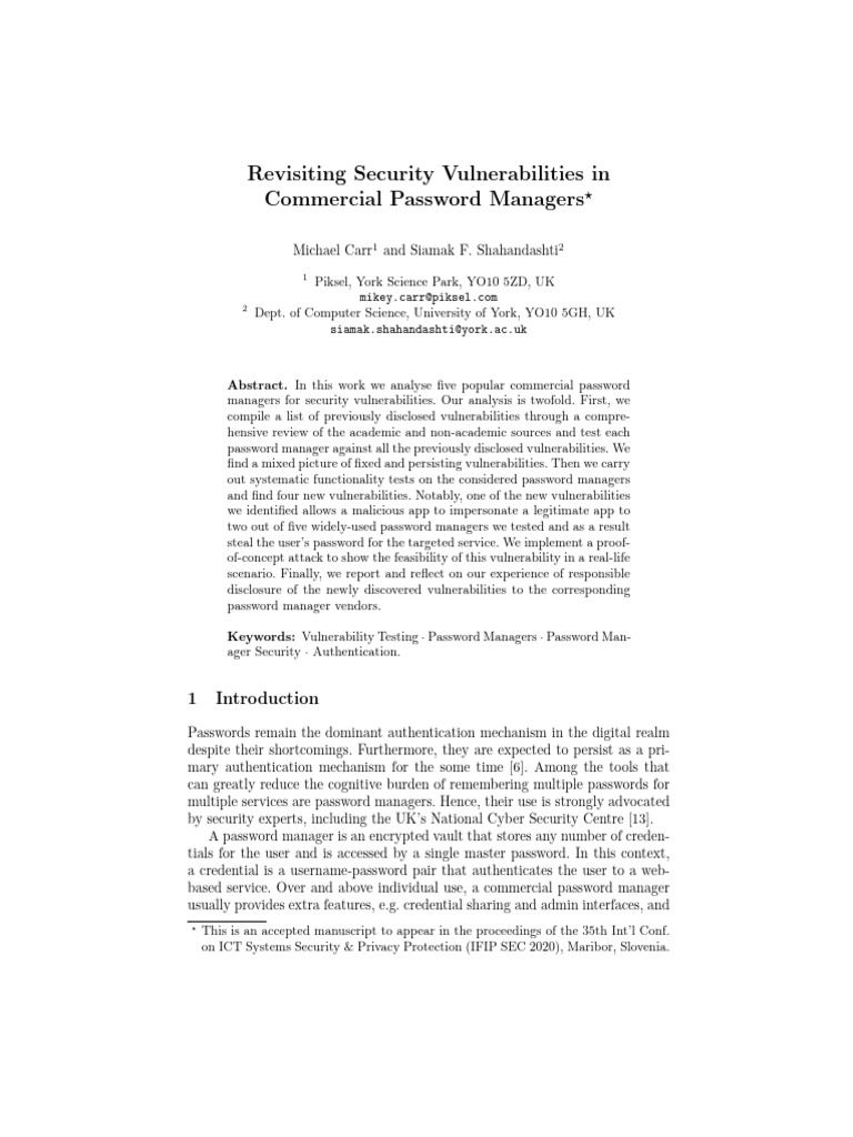 Security Vulnerabilities In Commercial Password Managers Pdf Password Access Control