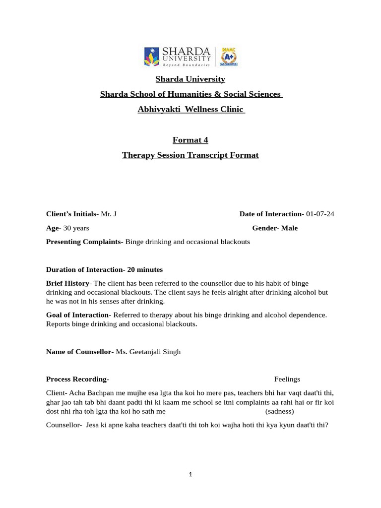 Therapy Transcript on Alcohol Dependence | PDF | Alcohol And Health ...