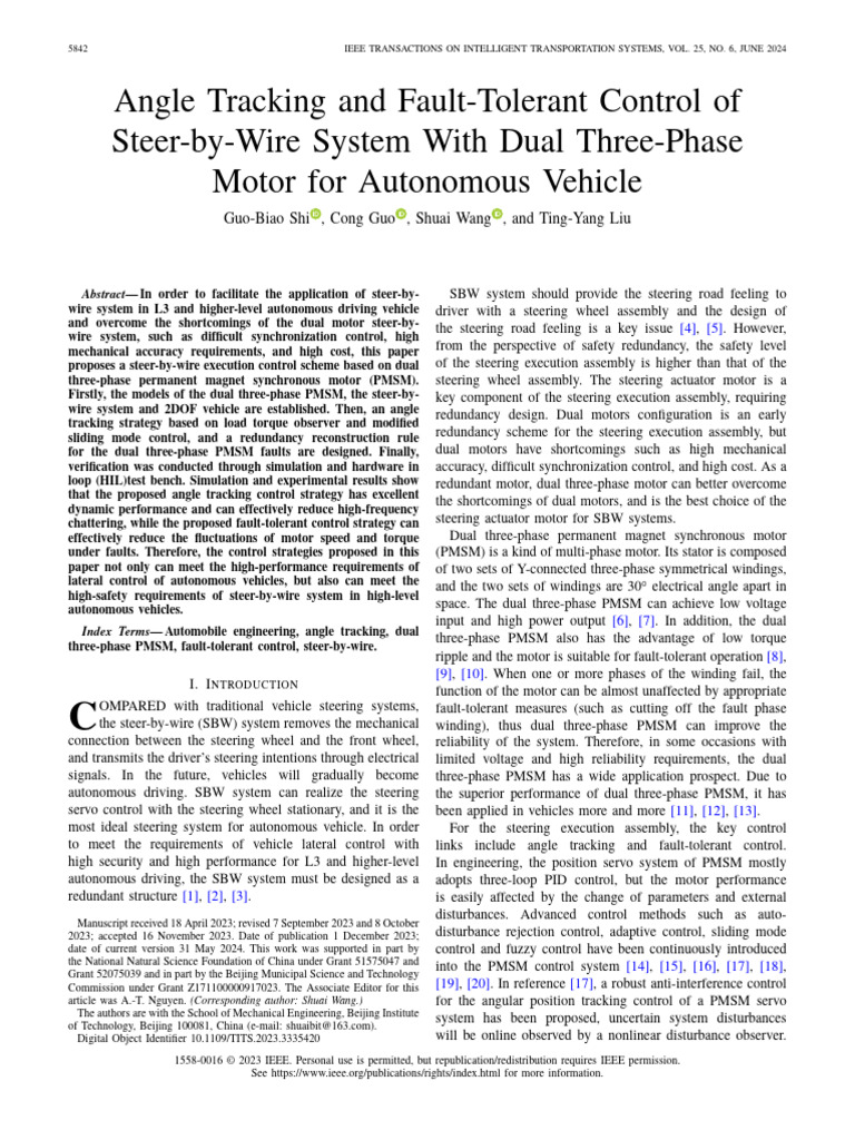 Angle Tracking and Fault-Tolerant Control of Steer-by-Wire System With ...
