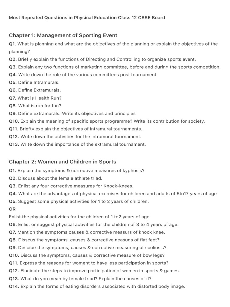 Most Repeated Questions in Physical Education Class 12 CBSE Board | PDF ...