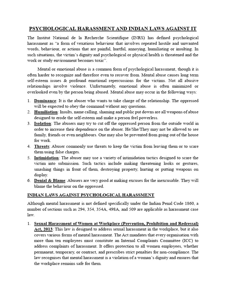 Psychological Harassment (Notes) | PDF | Sexual Harassment | Harassment