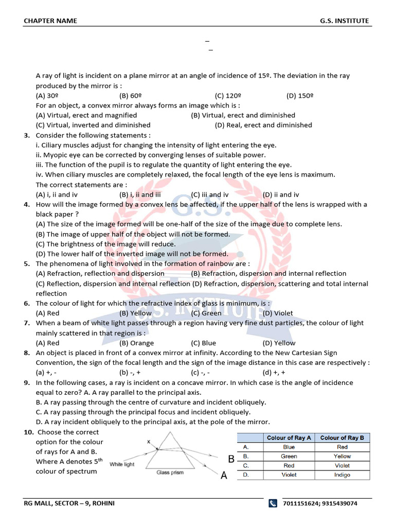 80marks Light, Eye 10th Phy | PDF | Mirror | Eye