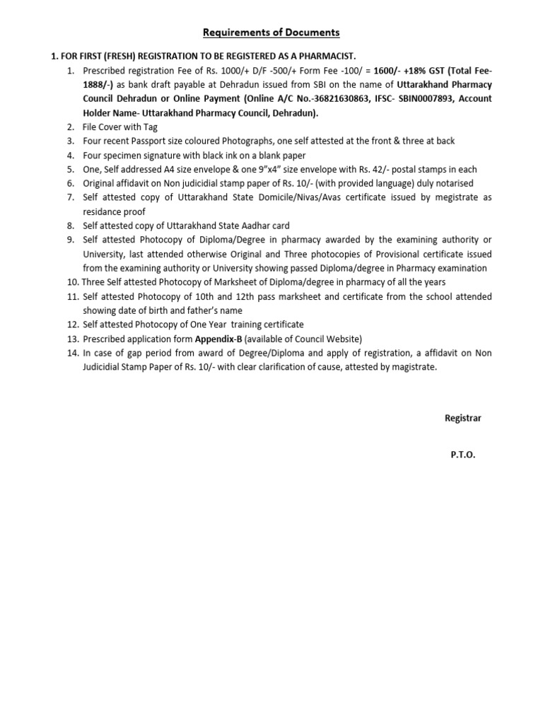 Requirment For Pharm D. Registration | PDF | Affidavit