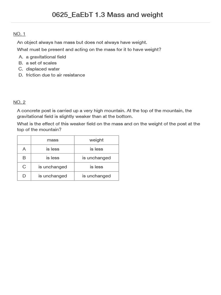 0625 - EaEbT 1.3 Mass and Weight | PDF