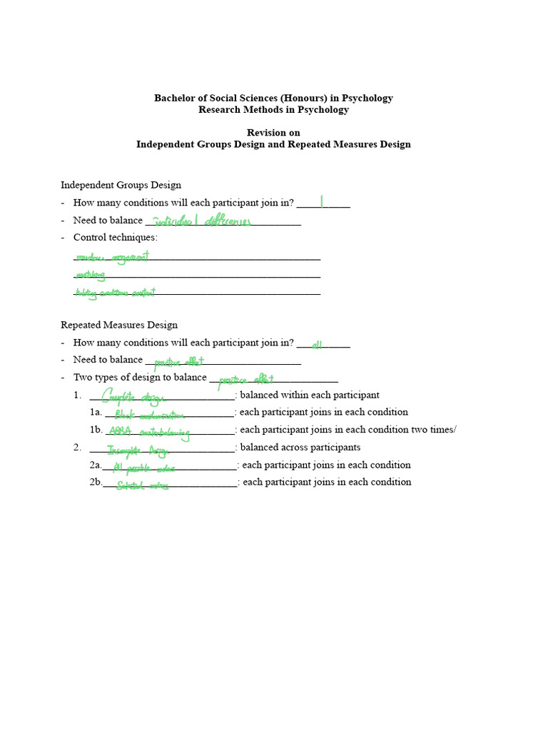 Class Revision On Independent Groups and Repeated Measures Design | PDF