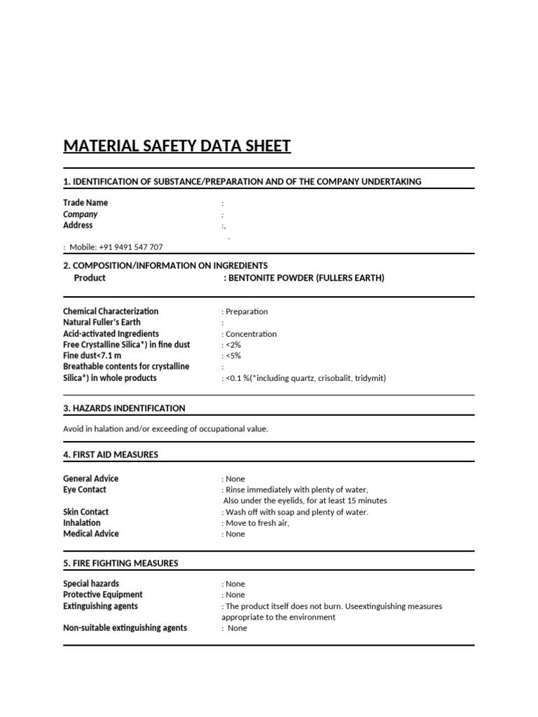 Bentonite Powder Safety Data Sheet | PDF | Chemistry | Physical Sciences