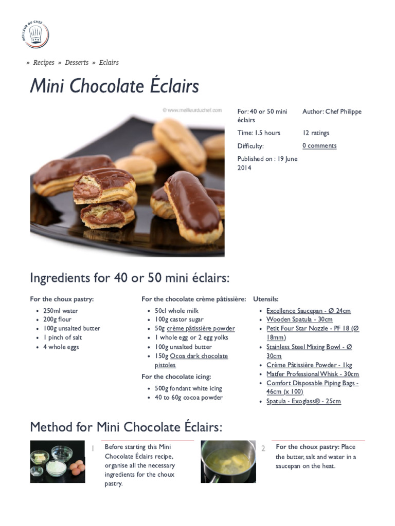 Mini Chocolate Éclairs - Our recipe with photos - Meilleur du Chef | PDF | Custard | Chocolate