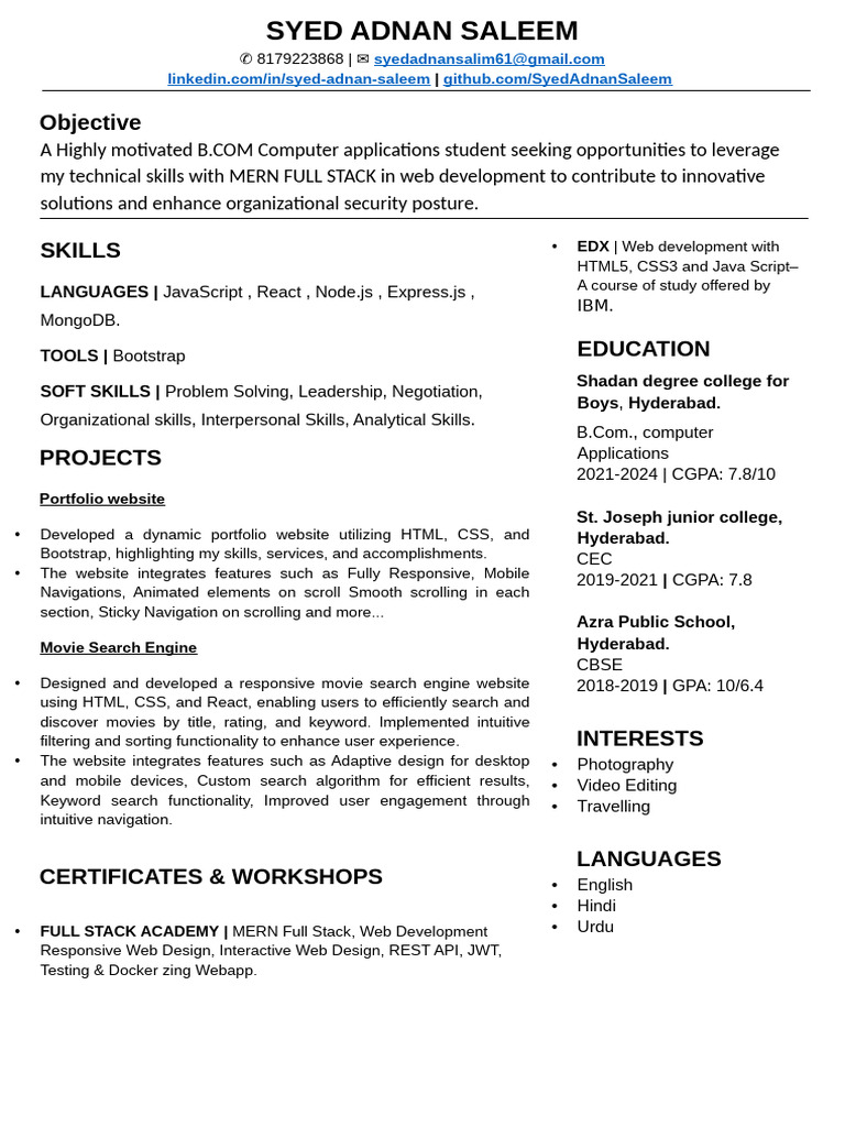 Syed Adnan Resume Syed Adnan Saleem | PDF | Java Script | Web Development