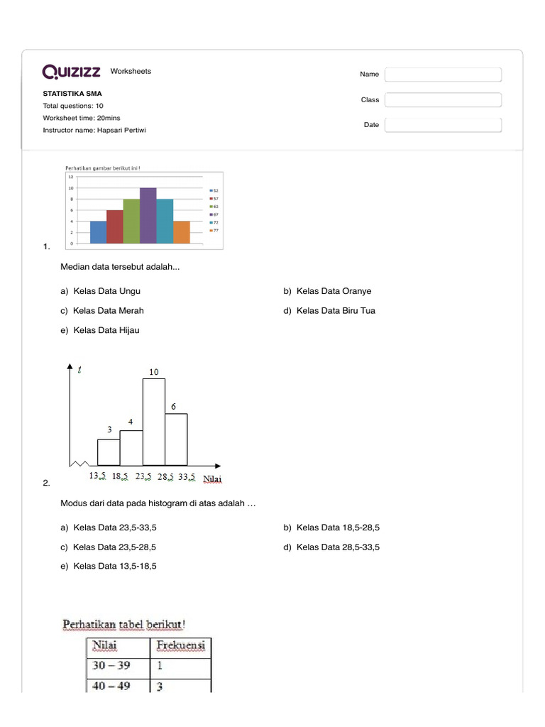 Worksheet Statistika SMA: Soal & Kunci | PDF