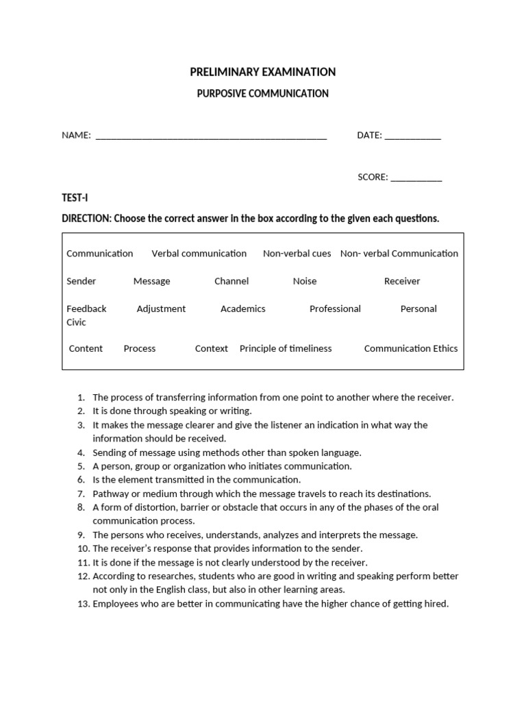 Preliminary Examination - Purposive | PDF | Communication | Cognition