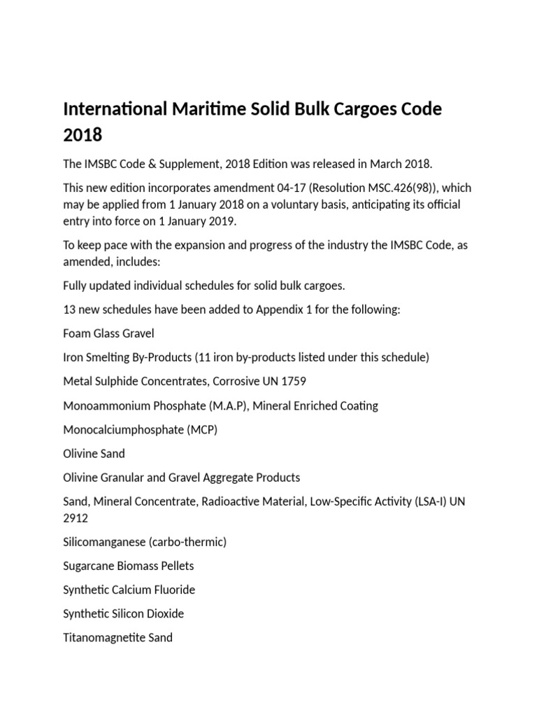 International Maritime Solid Bulk Cargoes Code 2018 | PDF