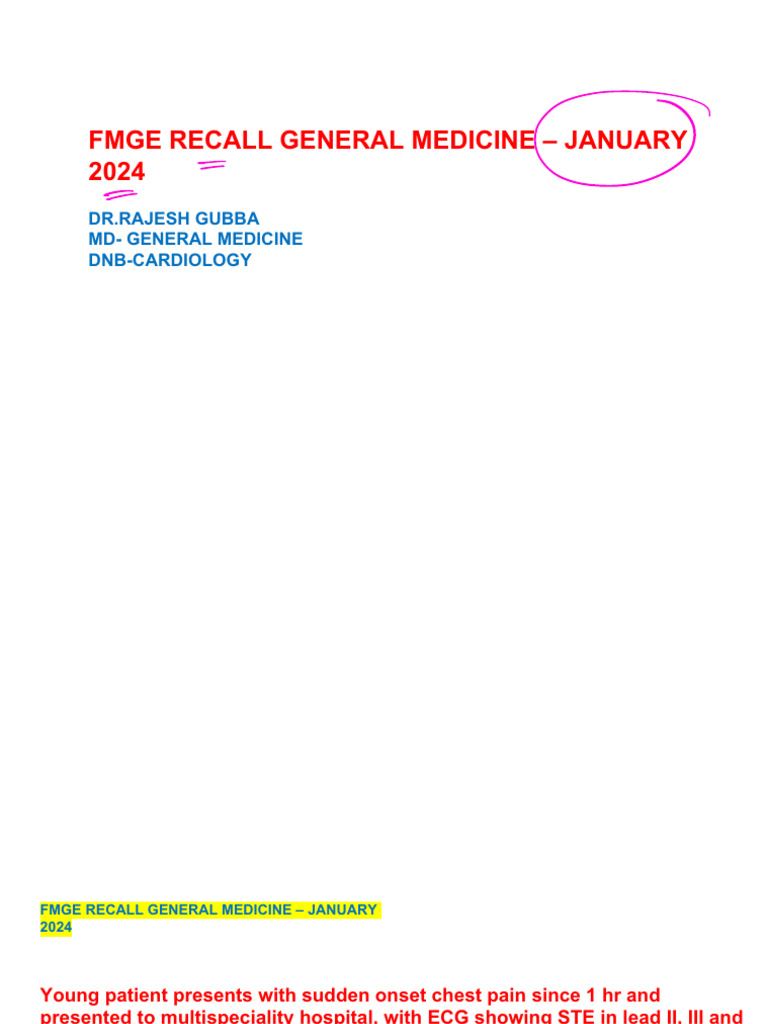 FMGE General Medicine Recall January 2024 | PDF | Diseases And ...