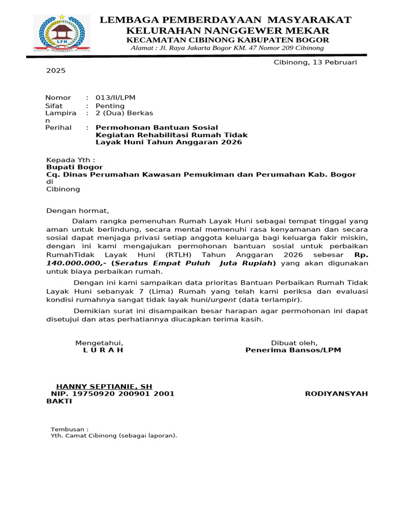 Permohonan Bansos Rehabilitasi RTLH 2026 | PDF