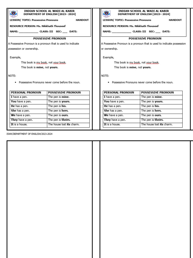 Understanding Possessive Pronouns | PDF | Pronoun | English Language