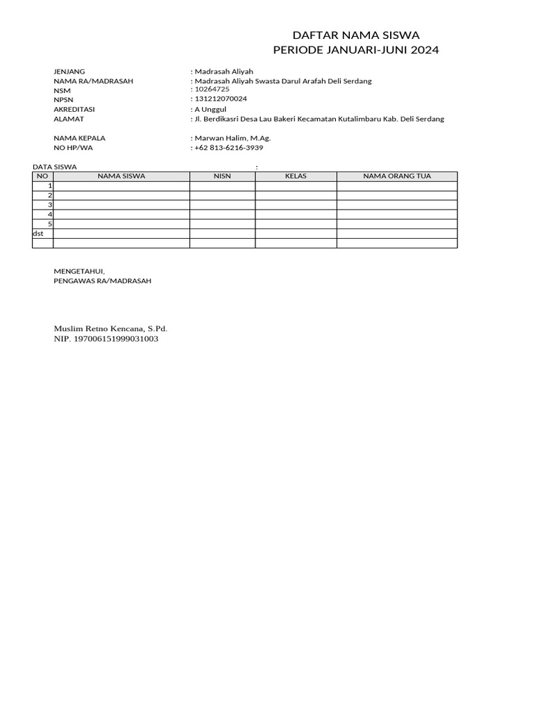 Form Data Siswa Untuk Pengawas | PDF