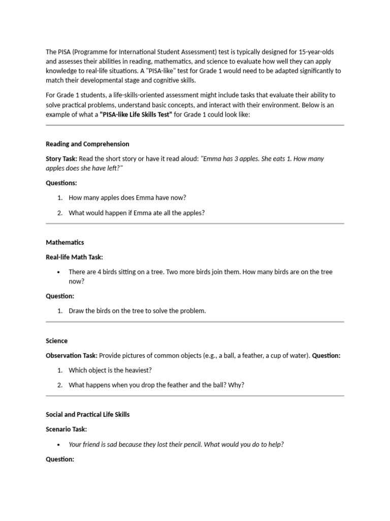 Grade 1 PISA-like Skills Assessment | PDF | Literacy | Programme For ...