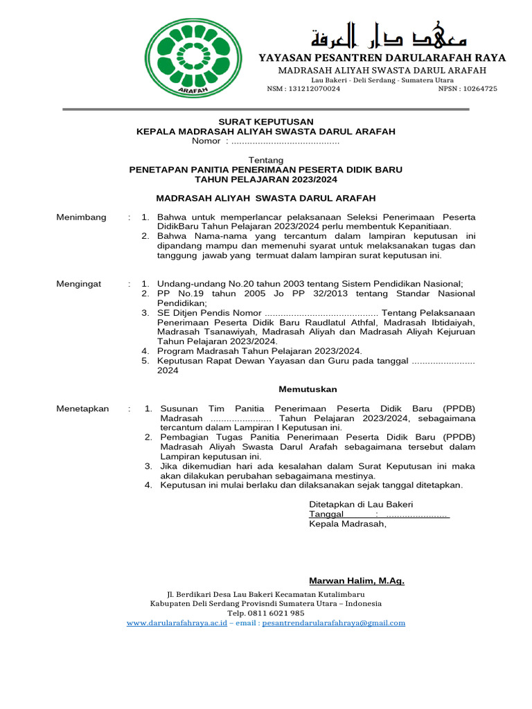 SK PANITIA PPDB MADRASAH 2024 OK | PDF