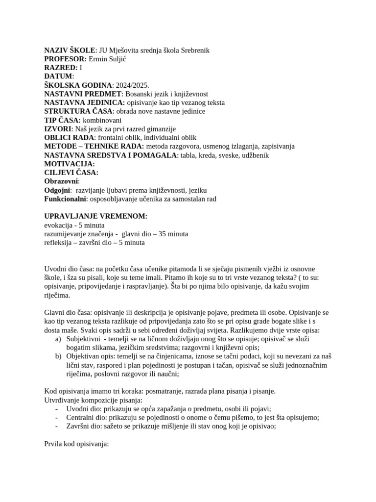 Opisivanje Kao Tip Vezanog Teksta | PDF