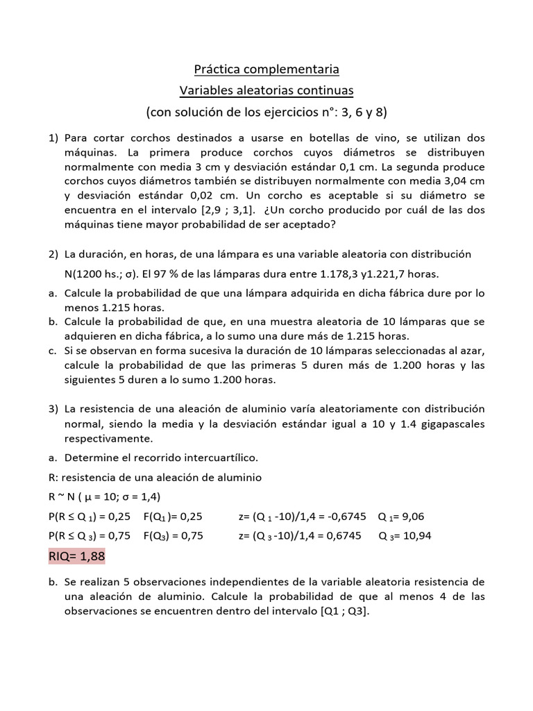 Variable Aleatoria Continua - Práctica Complementaria | PDF | Desviación Estándar | Teoría de la ...