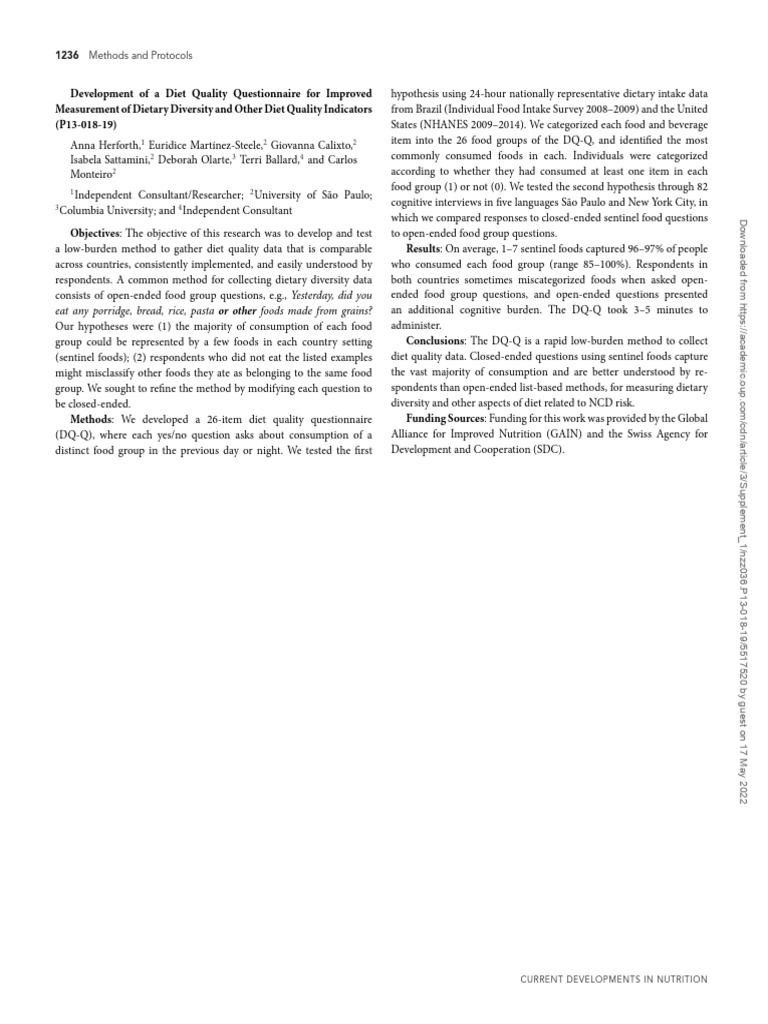 Development of A Diet Quality Questionnaire For Improved | PDF ...