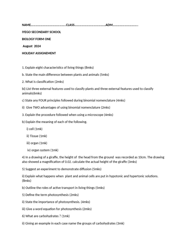 Biology Form 1 Assignment April 2021 Teacher - Co - .Ke | PDF