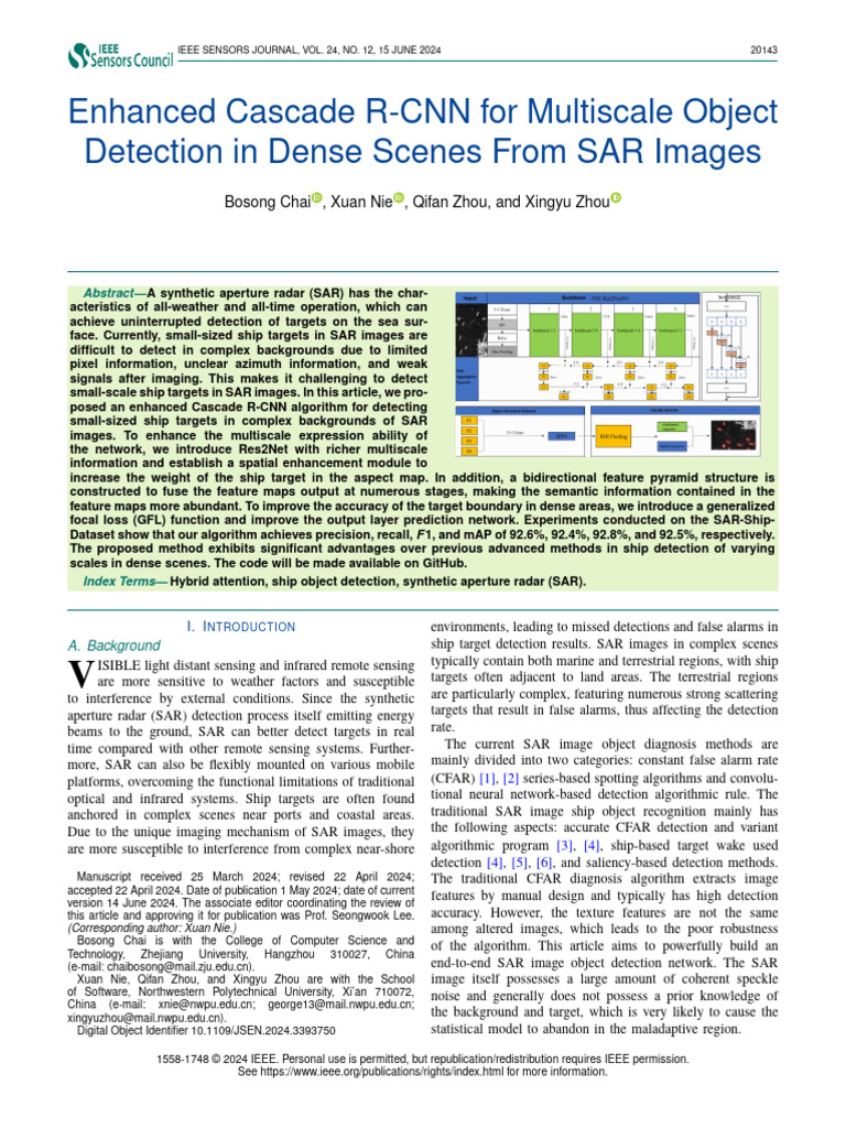 Enhanced Cascade R-CNN For Multiscale Object Detection in Dense Scenes From SAR Images | PDF | Radar