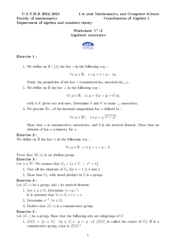 Worksheet n2 Algebraic Structures | PDF | Group (Mathematics) | Ring (Mathematics)