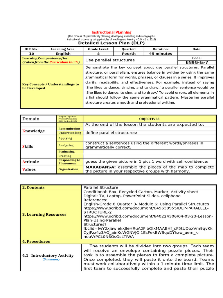 Parallel Structure Grade 8 Dlp.... | PDF | Human Communication | Learning