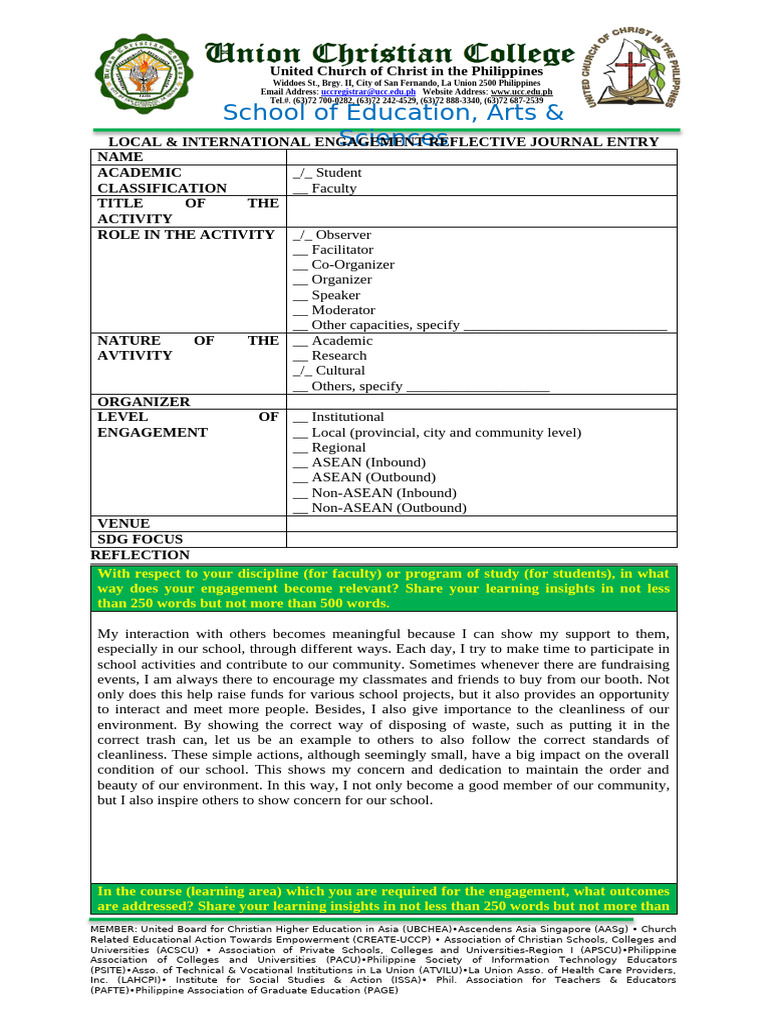 Seas Reflective Entry Report For Local and International Engaments 2 ...