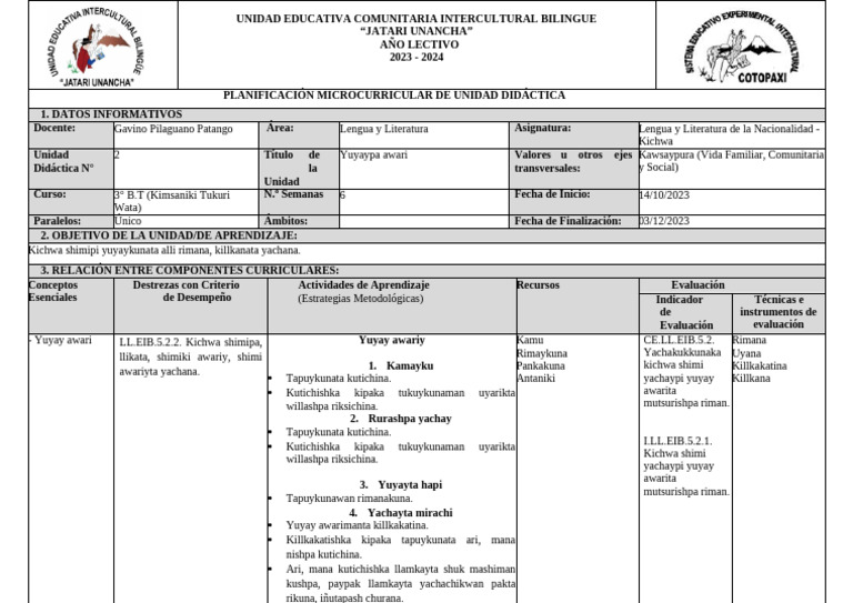 Planificacion 3° BT Llk-U2 2023-2024 | PDF | Teoría de la educación | Comunicación humana