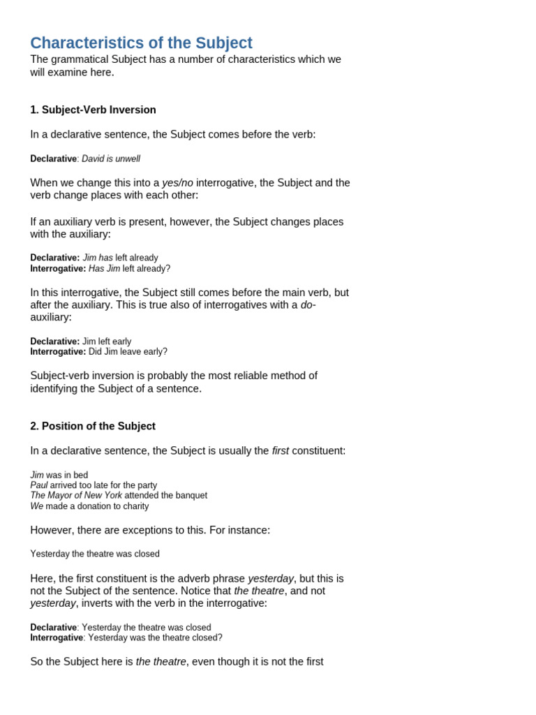 Understanding Subject Characteristics | PDF | Subject (Grammar) | Verb