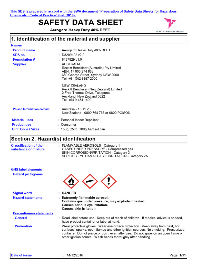 Aerogard Heavy Duty DEET Safety Data Sheet | PDF | Waste Management ...