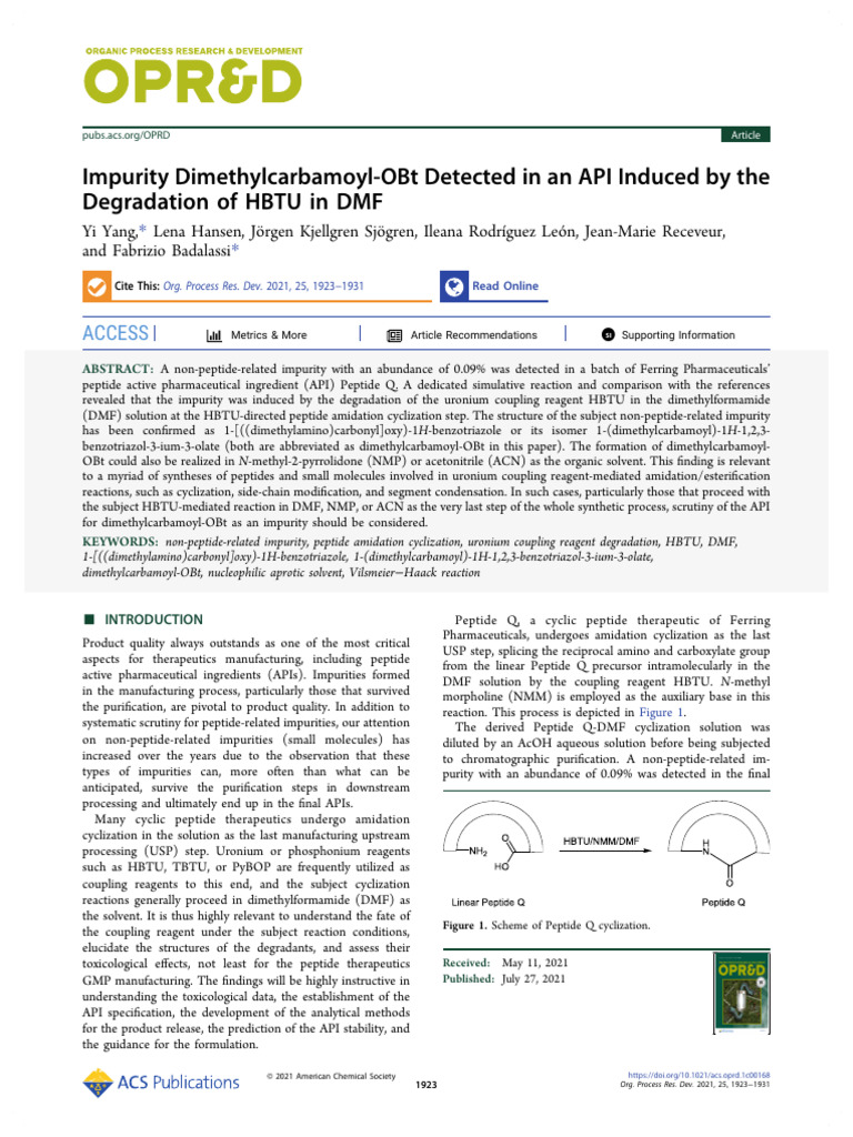 Impurity Dimethylcarbamoyl-OBt Detected in An API Induced by The Degradation of HBTU in DMF ...