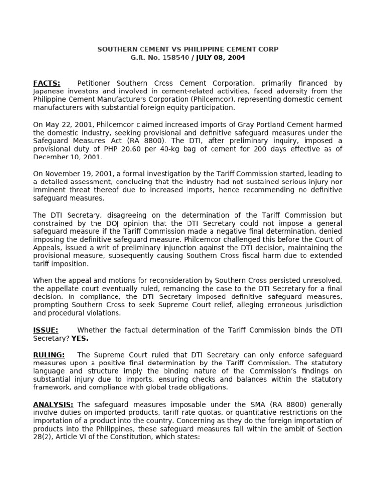 Southern Cement Vs Philippine Cement Corp | PDF | Tariff | American ...