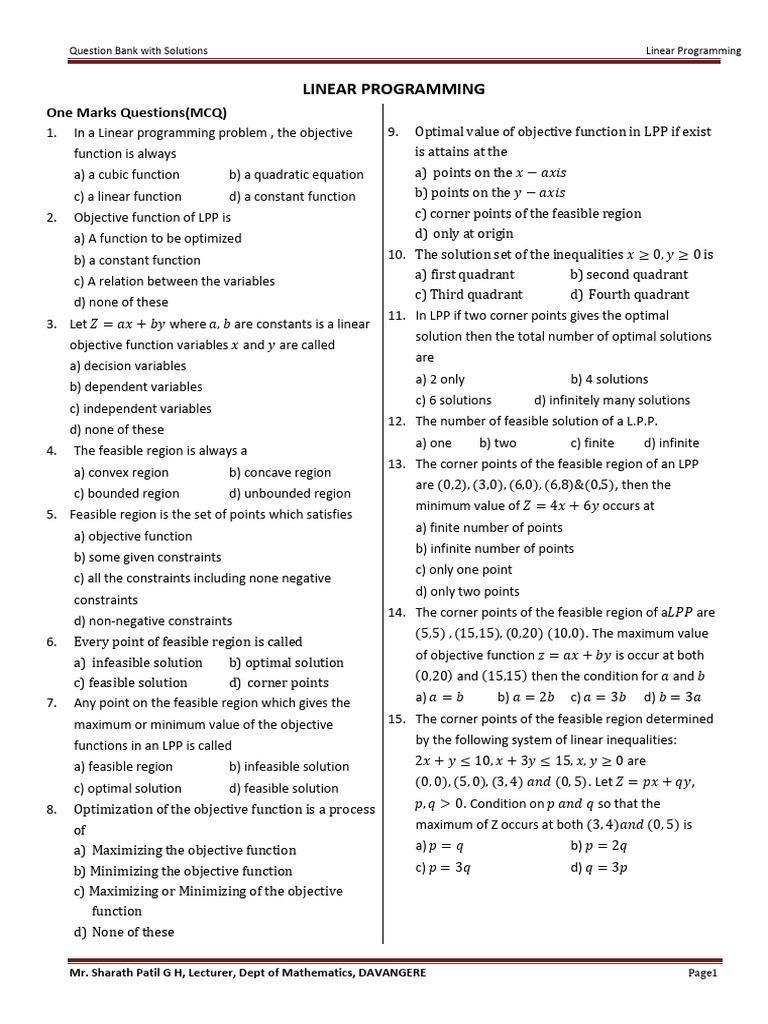 Linear Programming Mcq Solutions Pdf Mathematical Optimization Linear Programming