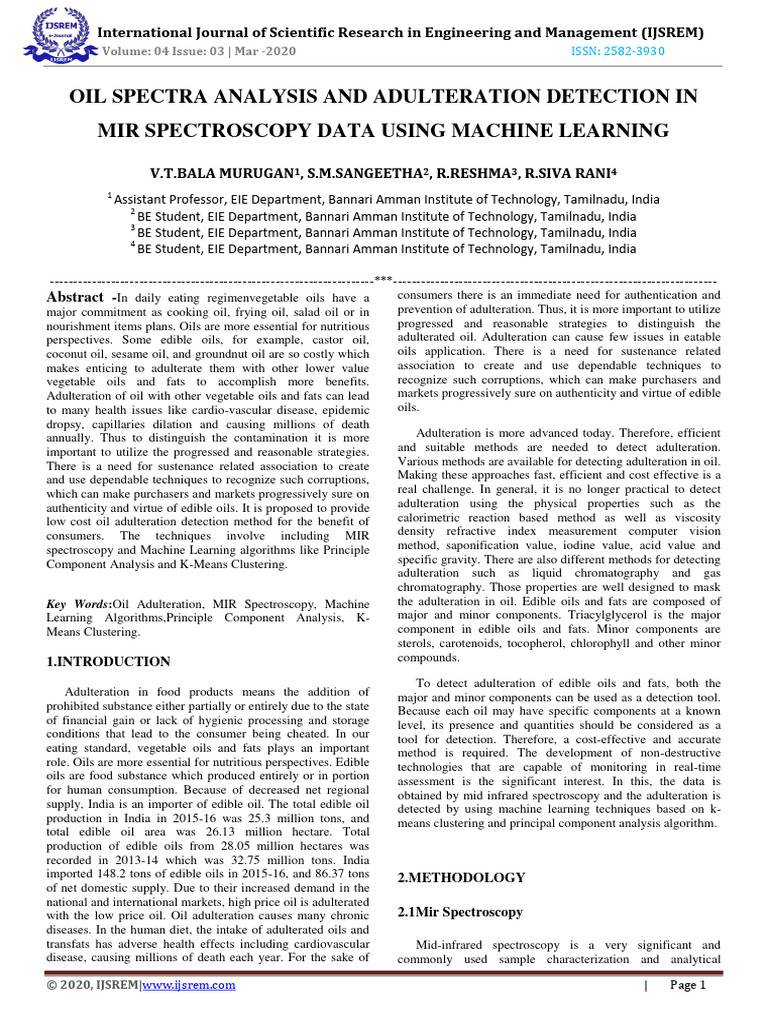 OIL SPECTRA ANALYSIS AND ADULTERATION DETECTION IN MIR SPECTROSCOPY DATA USING MACHINE LEARNING ...