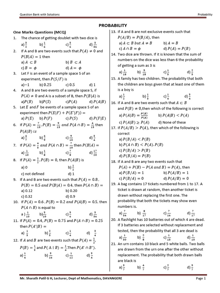 Question Bank with Solutions Probability | PDF | Probability | Multiple Choice